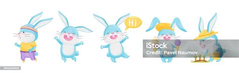 긴 귀를 가진 귀여운 토끼가 다양한 활동에 참여 벡터 세트 감정에 대한 스톡 벡터 아트 및 기타 이미지 감정 개체 그룹 귀 부분 Istock
