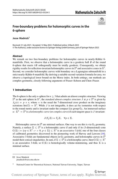 Free Boundary Problems For Holomorphic Curves In The 6 Sphere Request Pdf
