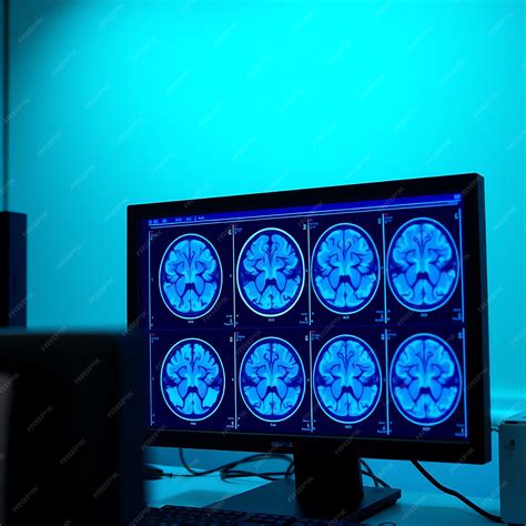 a computer monitor displaying brain mri scans in shades of blue ct scan interface medical