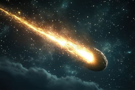 Bright Meteor Streaks Across Night Sky Illuminating Dark Clouds And