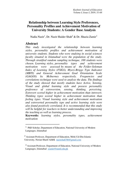 Pdf Relationship Between Learning Style Preferences Personality Profiles And Achievement
