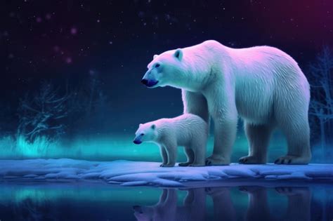 Premium Ai Image Polar Bear Mother And Cub With Northern Lights In