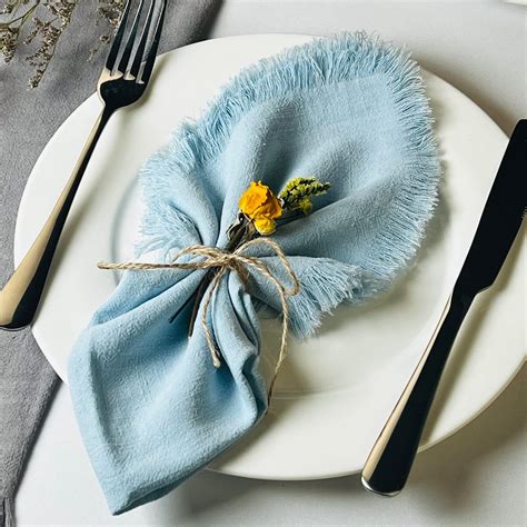 Dezerlor 12 Pack Gray Blue Cotton Linen Napkins With Fringe