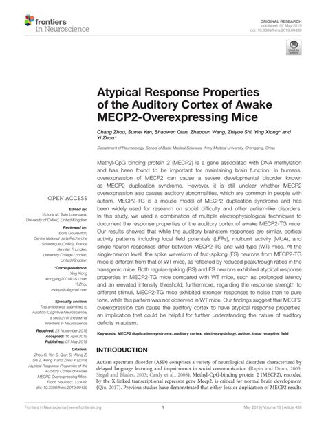 Pdf Atypical Response Properties Of The Auditory Cortex Of Awake Mecp2 Overexpressing