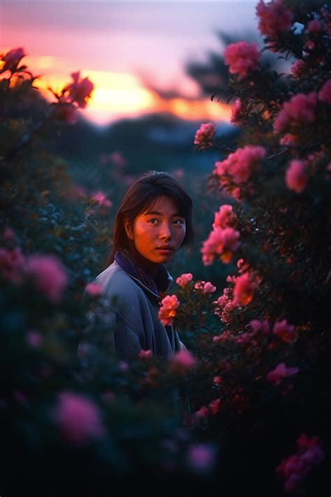 花丛中凝视远方的女孩黄昏少女图片 包图网