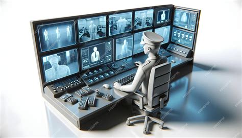 3d Security Guard Monitoring Surveillance Screens In Modern Control