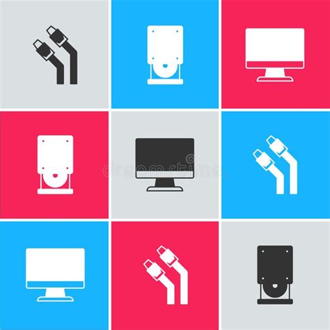 Set Lan Cable Network Internet Optical Disc Drive And Computer Monitor Screen Icon Vector