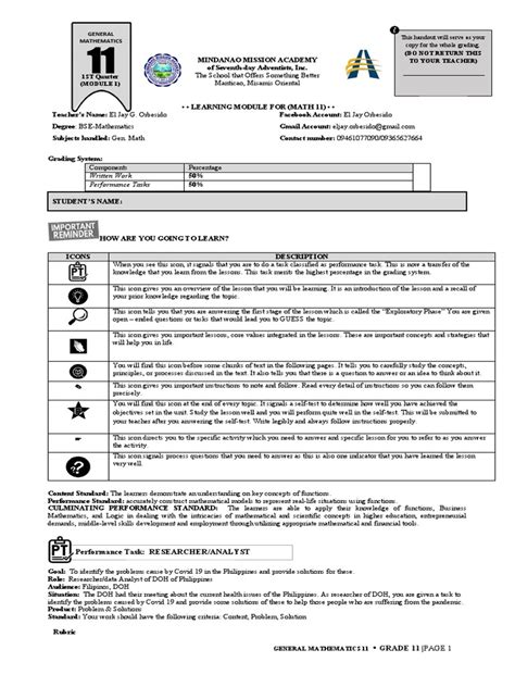 Genmath Q1 M1 Activity Sheet Pdf Function Mathematics Equations