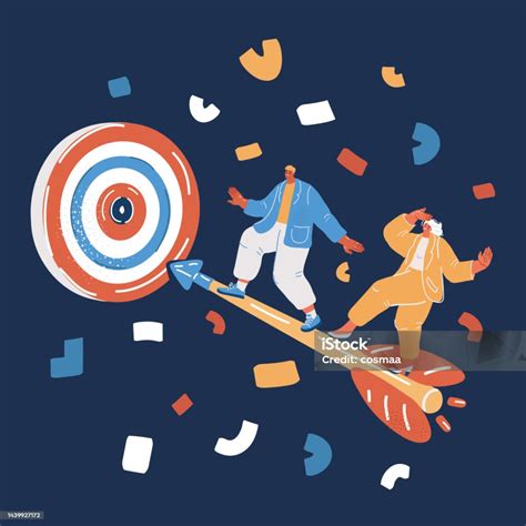 사업가 남자와 여자의 만화 벡터 삽화는 목표의 방향으로 화살표 파리에 날아간다 개념에 대한 스톡 벡터 아트 및 기타 이미지 개념 개념과 주제 겨냥 Istock