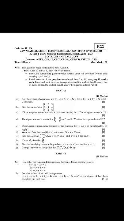 B Tech Jntuh R22 Cse Matrix And Calculus Question Paperjntuhexampaper Jntu Jntuhupdates