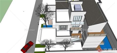现代中式风格三层别墅建筑设计su模型 Sketchup模型库 毕马汇 Nbimer