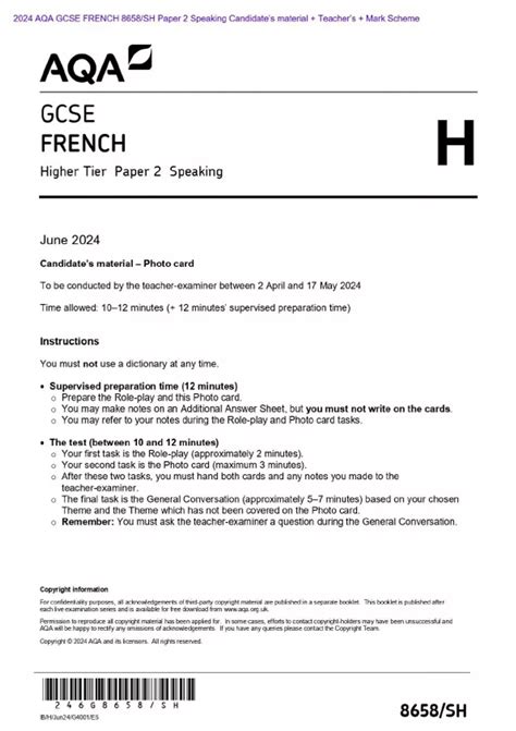 8 2024 Aqa Gcse French 8658 Sh Paper 2 Speaking Candidates Material Teachers Mark Scheme
