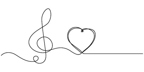 트레블 클리프 연속 한 줄 그림 사랑의 표시와 함께 음악 노트 바탕에 고립 프리미엄 벡터