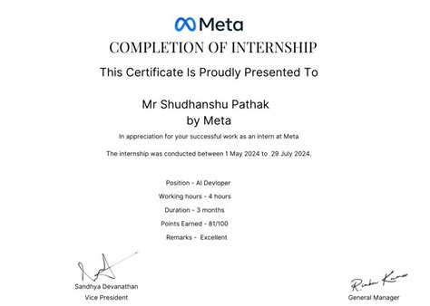 Shudhanshu On Linkedin My Internship Certificate From Metafeel Cheer To Share