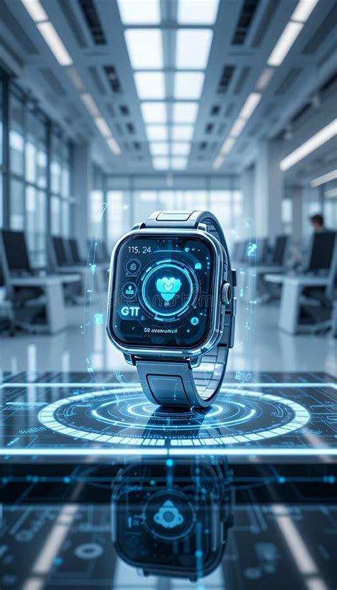 Futuristic Smartwatch With Heart Rate Monitor In Modern Office Setting Stock Illustration