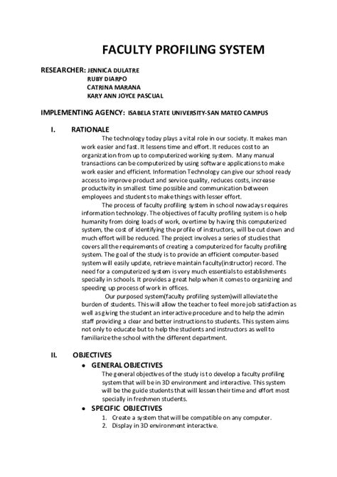 Doc Faculty Profiling System Researcher Jennica Dulatre Ruby Diarpo Catrina Marana