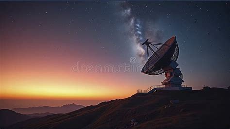 Landscape With Radio Telescopes On Ground And Satellites In Starry