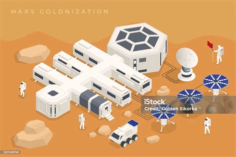 등각 투영 화성 식민지 생물 학적 테라포밍 파라테라포밍 화성에 인간 적응 우주 비행 우주 기술 주거구 기본 인프라를 갖춘 커뮤니케이션 센터 Empire에 대한 스톡 벡터