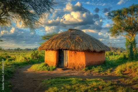 Mud Hut In Traditional Masai Village In Africa Masai Mara Kenya