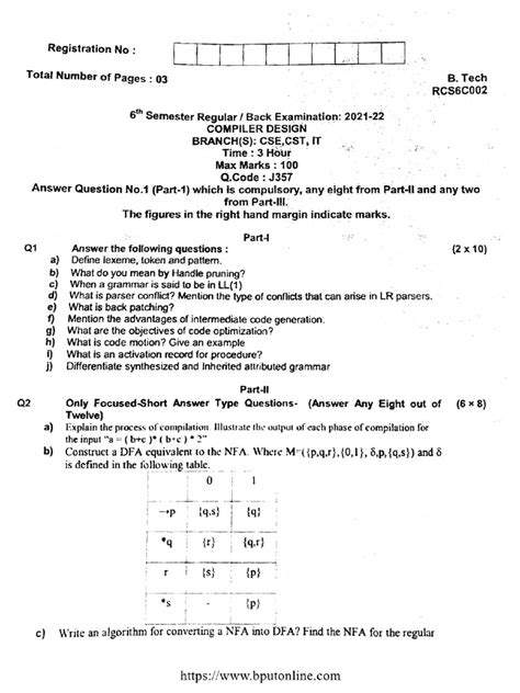 Btech Cse Cst It 6 Sem Compiler Design Rcs6c002 2022 Pdf