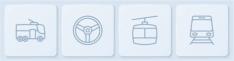 세트 라인 트롤리 버스 케이블카 스티어링 휠 과 기차와 철도 흰색 정사각형 버튼 벡터 개념에 대한 스톡 벡터 아트 및 기타