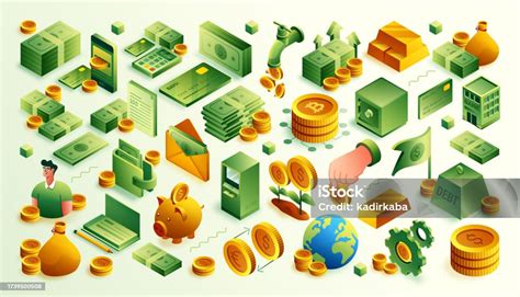 돈 아이소메트릭 아이콘 세트와 3차원 디자인의 벡터 그림 디지털 화폐 동전 지갑 신용 카드 은행 달러 기호 돈 가방 부 돈 만들기 3차원 형태에 대한 스톡 벡터 아트 및
