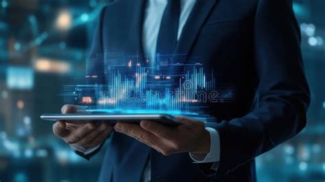 Businessman Holding Tablet With Digital Financial Graphs Displayed Stock Illustration