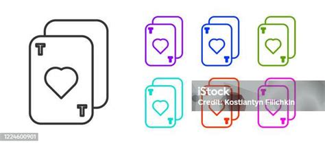 흰색 배경에 격리 된 카드 아이콘을 재생하는 검은 선 카지노 도박 다채로운 아이콘을 설정합니다 벡터 일러스트레이션 가능성에 대한