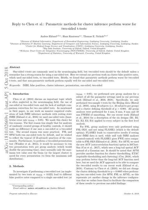 Pdf Reply To Chen Et Al Parametric Methods For Cluster Inference Perform Worse For Two Sided