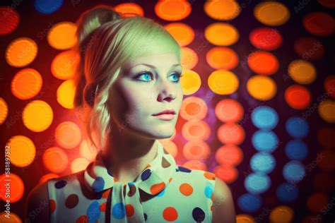 Vintage Retro 1960s Girl Wearing Polka Dot Dress And Headband On A