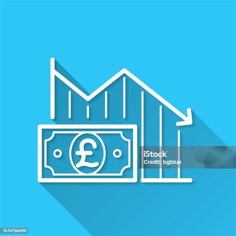 파운드 지폐로 하락하는 그래프 파란색 배경에 아이콘 긴 그림자가 있는 평면 디자인 0명에 대한 스톡 벡터 아트 및 기타 이미지 0명 3차원 형태 가계 Istock