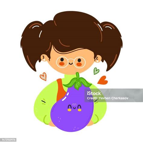 Gadis Muda Lucu Yang Lucu Memegang Terong Di Tangan Gadis Memeluk