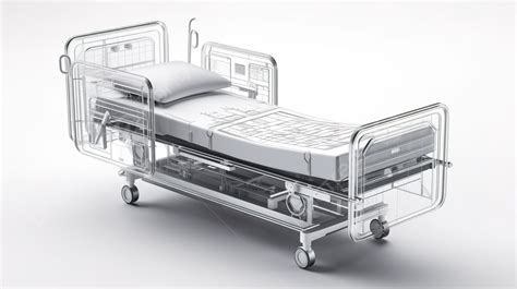 크리스탈 투명으로 만든 3d 병원 침대 흰색 배경에 고립 된 3d 렌더링 전기 병원 침대 청사진 고화질 사진 사진 침대