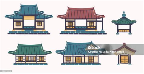 한옥 아시아 건물 격리 벡터 세트 한국 전통 건축 디자인 요소 한국에 대한 스톡 벡터 아트 및 기타 이미지 한국