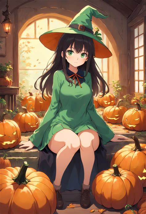 마녀 모자를 쓴 여자가 호박 밭에 앉아 있다 Seaart Ai
