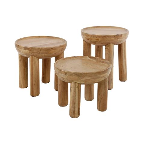 Lot De 3 Tables Basses Rondes 40 Cm En Acacia Massif Naturel Maison