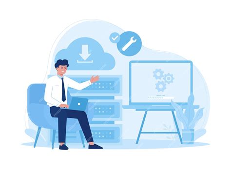 Premium Vector Man With Laptop Installing Cloud Database Concept Flat