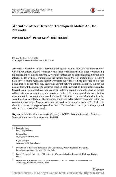 Wormhole Attack Detection Technique In Mobile Ad Hoc Networks Request Pdf