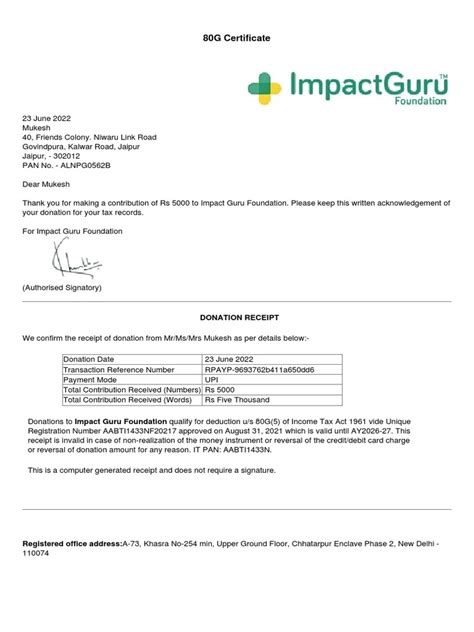 80g Certificate Donation Receipt Pdf