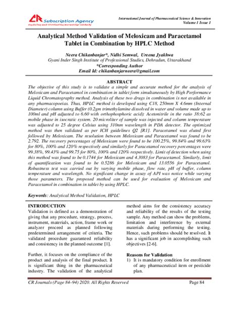 Pdf Analytical Method Validation Of Meloxicam And Paracetamol Tablet In Combination By Hplc Method