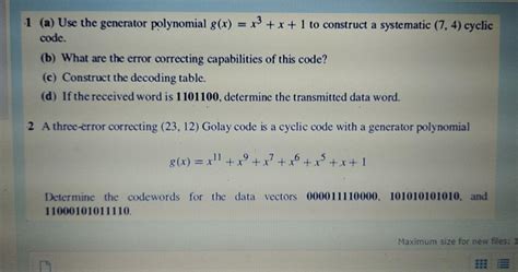 Solved 1 A Use The Generator Polynomial G X X3 X 1 Chegg