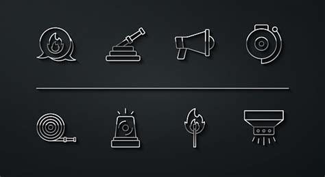 라인 비상 전화 소방 호스 릴 울리는 알람 벨 화재 플래셔 사이렌 스프링클러 시스템 및 확성기 아이콘과 불타는 성냥을 설정하십시오 벡터 검은색에 대한 스톡 벡터 아트 및