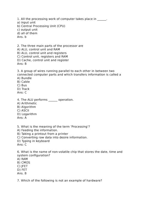Computer Workshop Mcq Mcq Questions 1 All The Processing Work Of Computer Takes Place In A