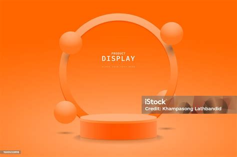 주황색 3d 실린더 연단 받침대 현실 또는 제품 디스플레이 스탠드 원형 링 모양과 구체 공이 떠 다니고 튀어 오릅니다 추상 3d 벡터 기하학적 형태 디자인 모형을 위한