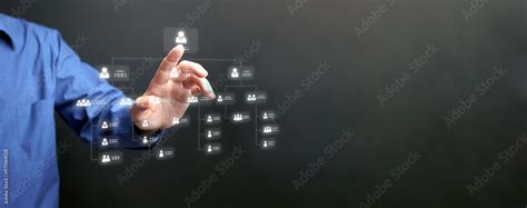 A Man Tapping On Organization Chart On Virtual Interface Screen Business Process And Workflow