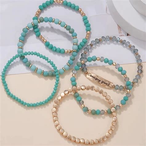 Pulsera El Stica Con Cuentas De Cristal Turquesa Brazalete De Acr Lico