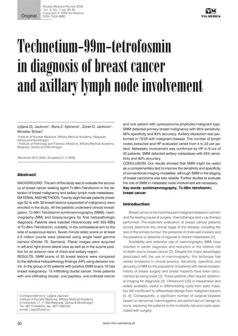 Pdf Technetium 99m Tetrofosmin In Diagnosis Of Breast Cancer And