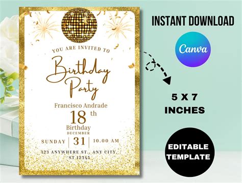 Editable Disco Party Birthday Invitation Gender Neutral Invites Dance Party Template Neon