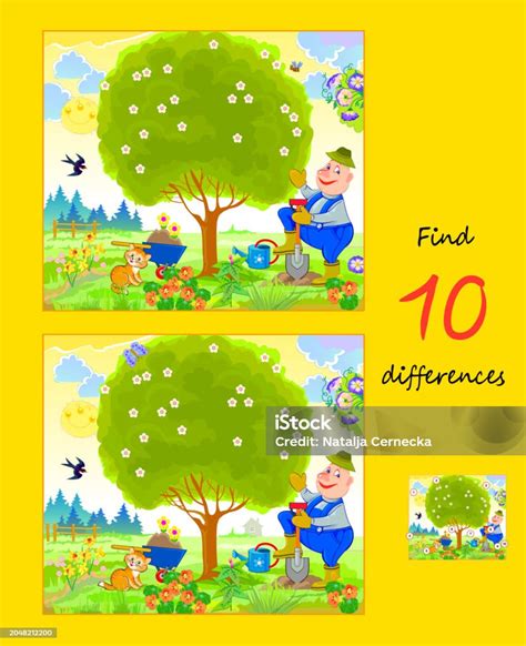 차이점 10개를 찾으십시오 행복한 정원사 I 봄 정원의 그림입니다 어린이와 성인을 위한 논리 퍼즐 게임 아이들의 수수께끼 책을위한 페이지 계산 기술 개발 벡터 만화 그리기