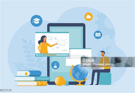 웨비나 교육 및 웨비나 온라인 비디오 교육 튜토리얼 팟캐스트 및 비즈니스 코칭 개념을 위한 디자인을 통해 가정에서 비즈니스 온라인 교육 및 E러닝 편평한 벡터 삽화 디자인